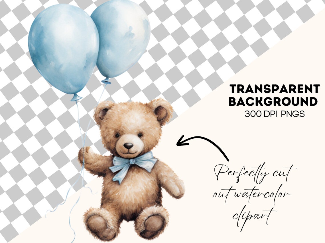 Watercolor Bear Clipart: Brown Stuffed Bear, Blue Balloons (PNG ...