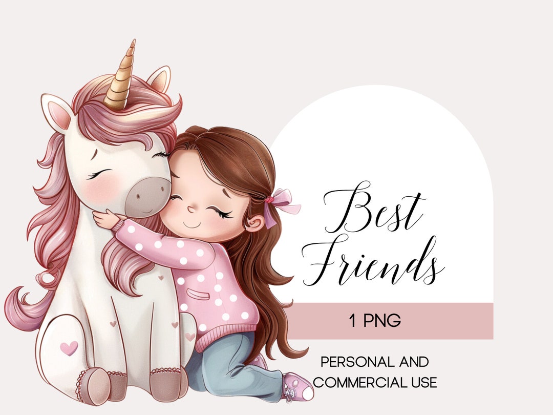 Cute Watercolor Unicorn and Little Girl Best Friends Clipart - Perfect ...