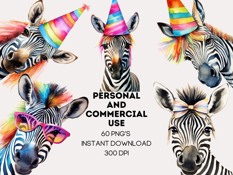 Watercolor Zebra Clipart Set: Party Animals, Safari Birthday (digital ...