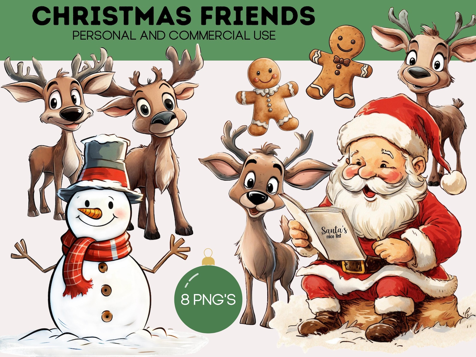 Christmas Friends Watercolor Clipart Set – Santa, Reindeer, Gingerbread ...