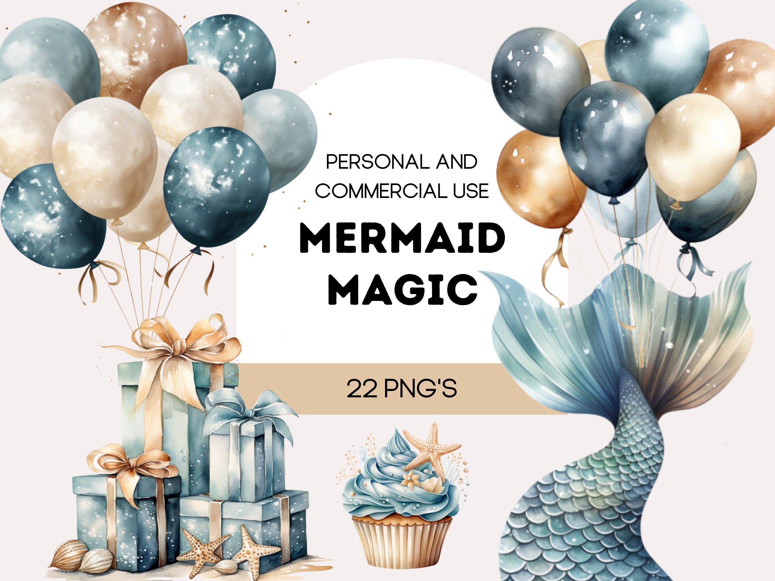 Watercolor Mermaid Magic Clipart Set, Birthday Clipart, Bedroom Decor ...