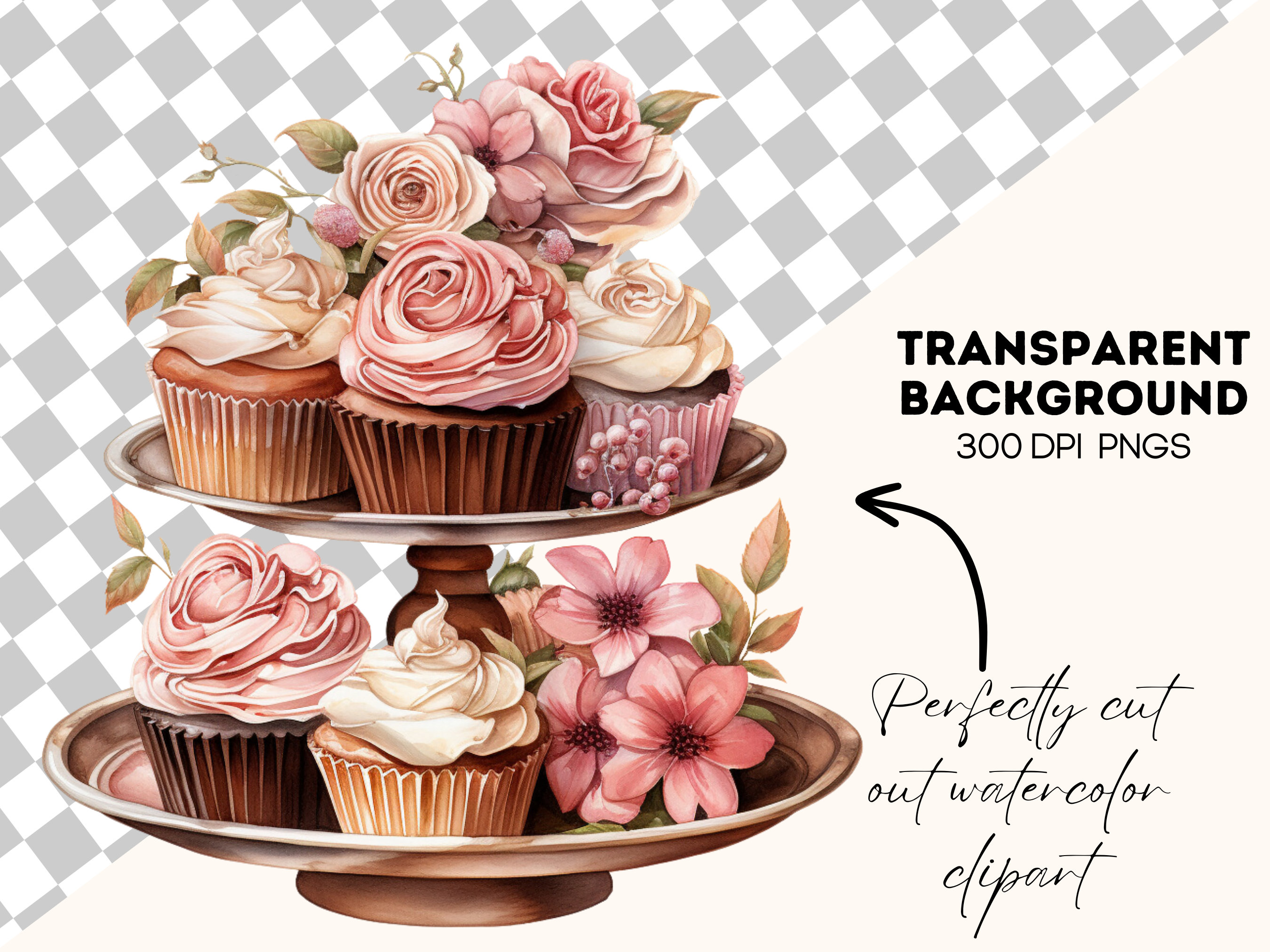 Watercolor Floral Cupcake Clipart Set: Bohemian Farmhouse Designs (42 ...