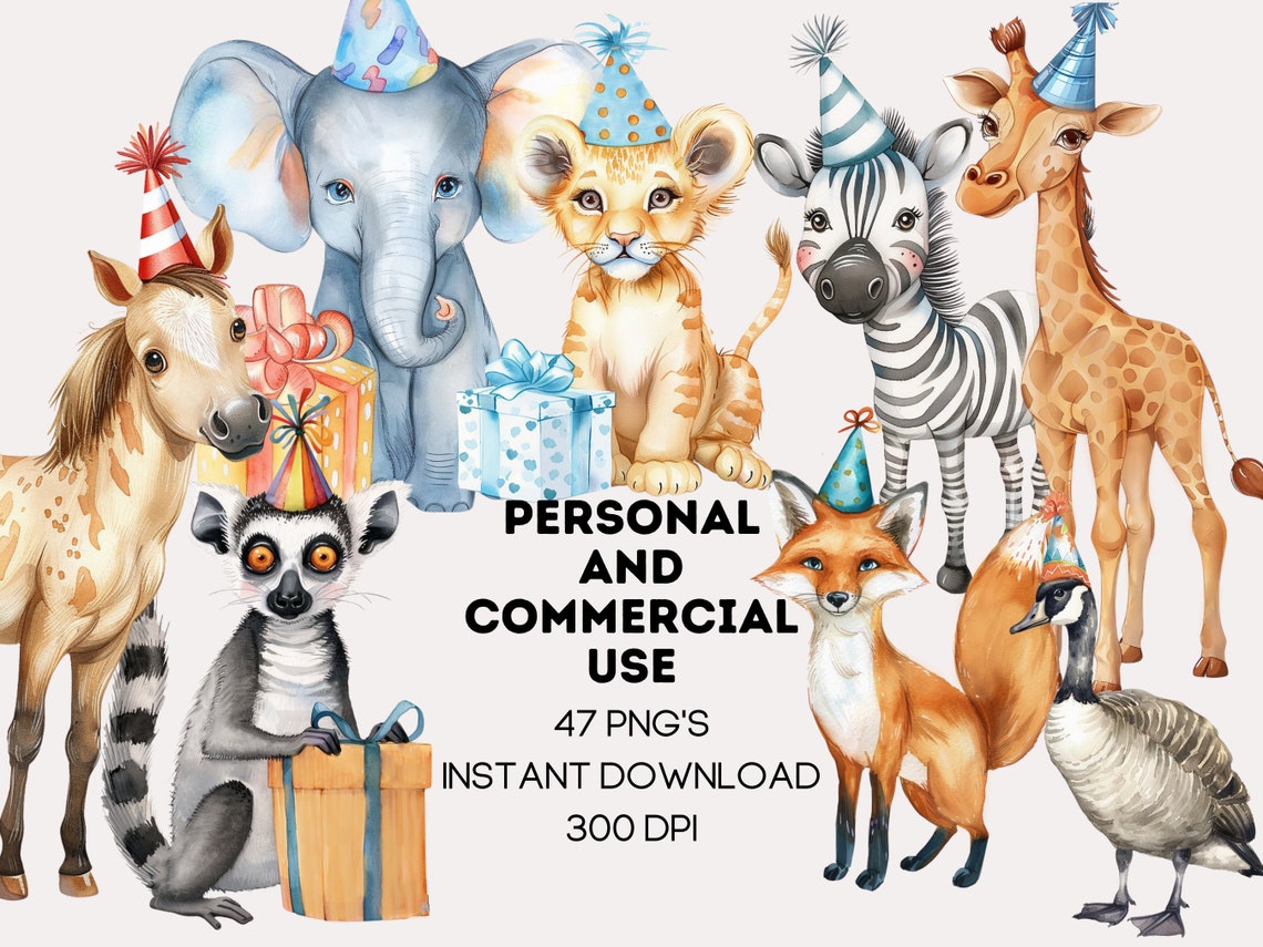 Watercolor Party Animals Clipart Set: Funny Birthday Animals ...