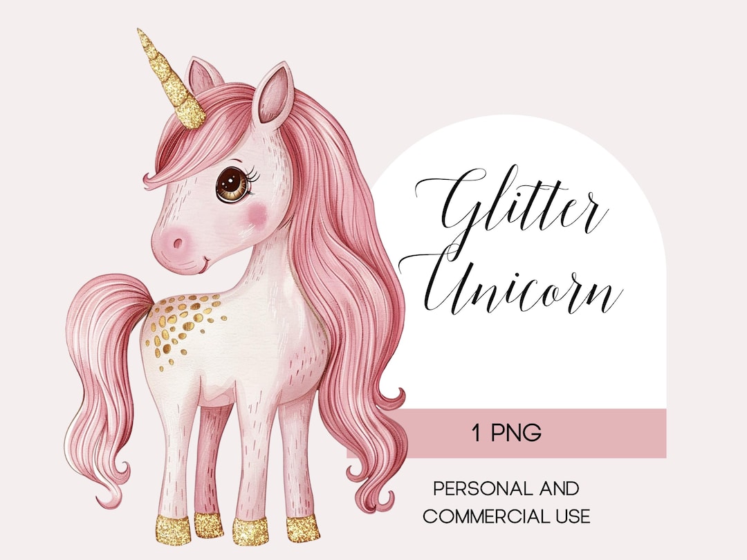 Pink Unicorn Clipart With Gold Glitter Horn, Cute Unicorn PNG, 300 DPI ...