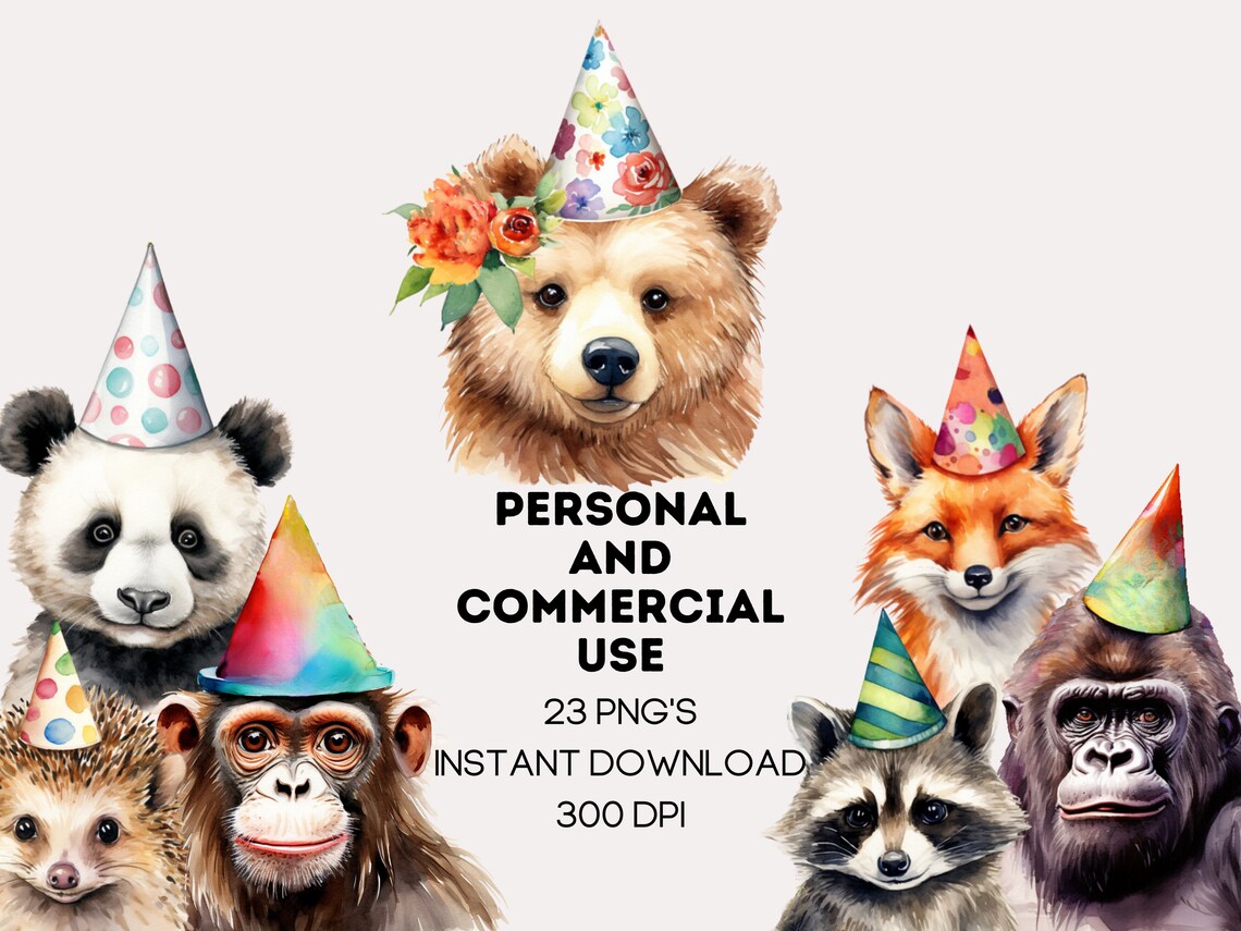 Watercolor Party Animals Clipart Set, Birthday Clipart, Funny Animals ...