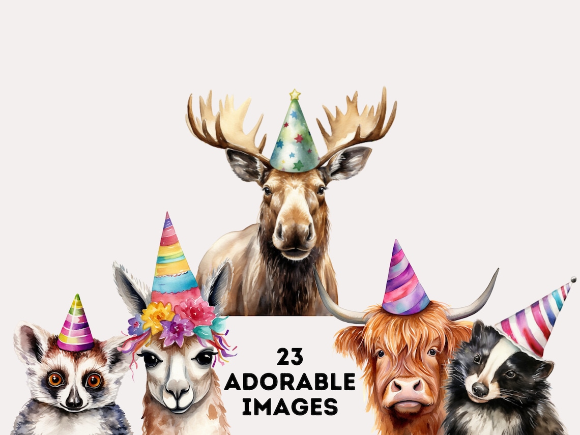 Watercolor Party Animals Clipart Set: Funny Birthday Animals ...