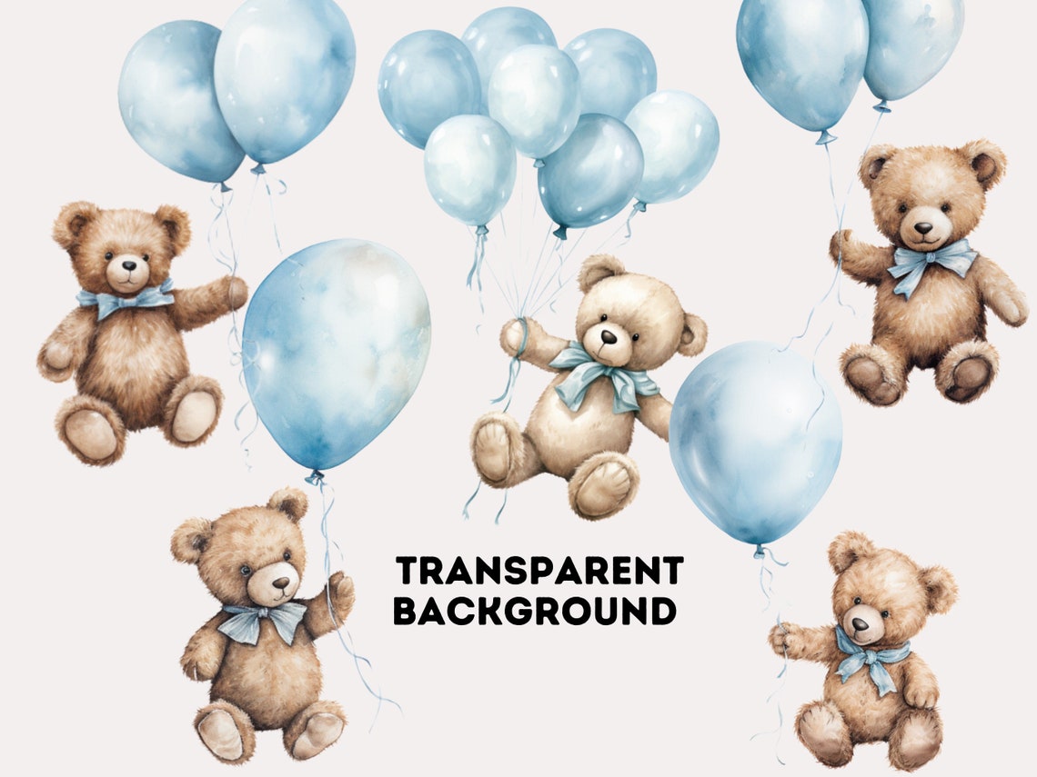 Watercolor Bear Clipart: Brown Stuffed Bear, Blue Balloons (PNG ...