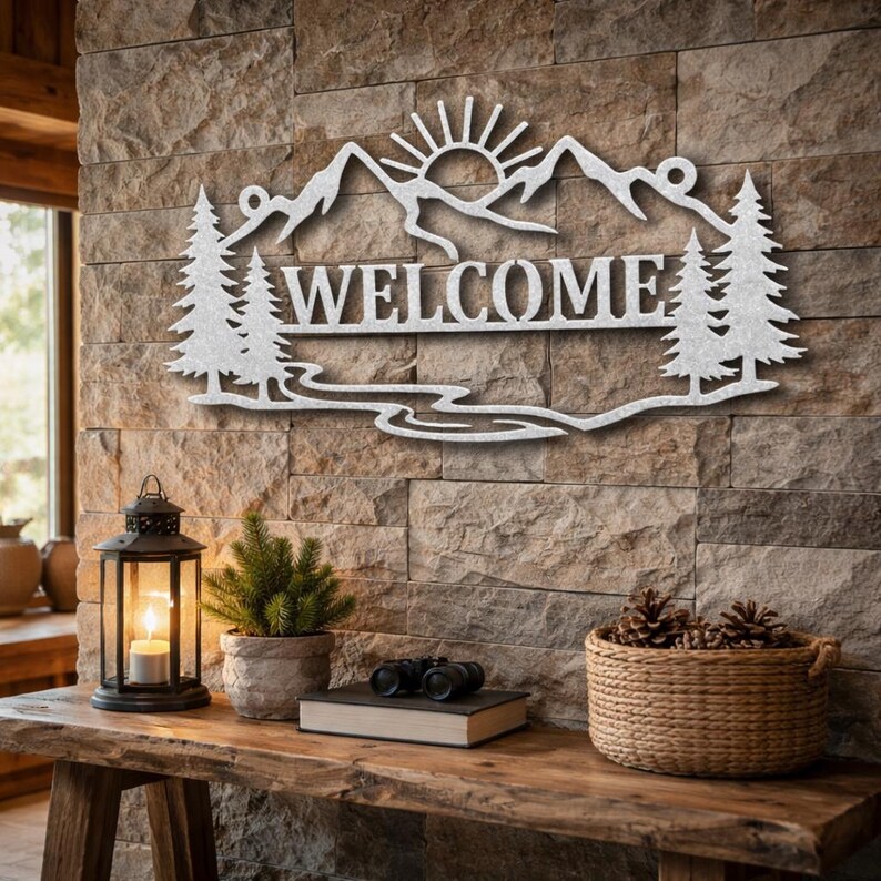 Welcome Sign for Cabin, Rustic Metal Cabin Welcome Sign, Mountain Cabin ...