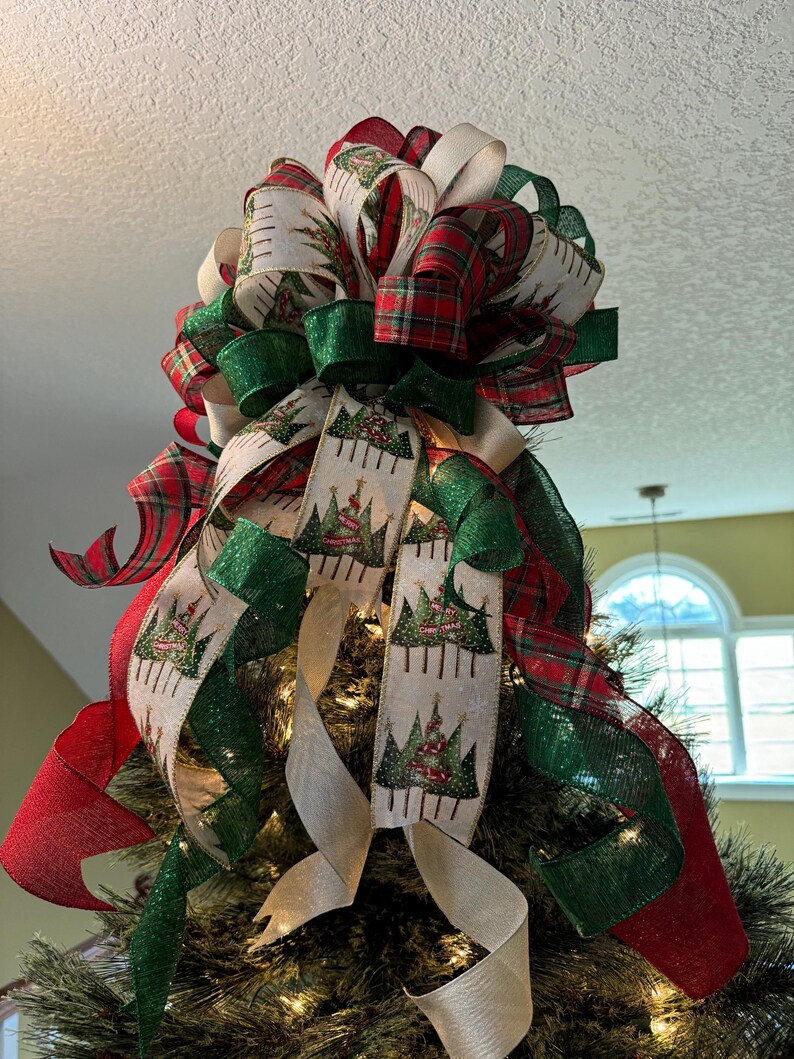 Merry Christmas, Christmas Tree Topper, Red & Green Christmas Bow ...
