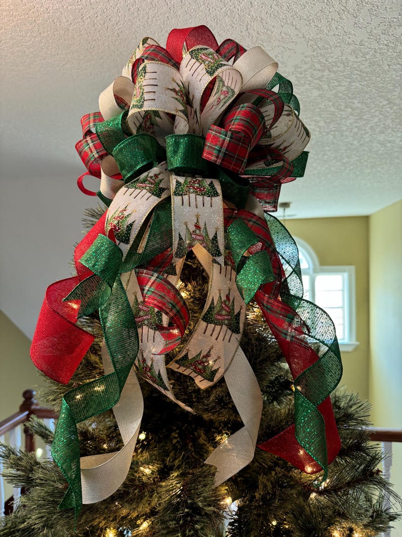 Merry Christmas, Christmas Tree Topper, Red & Green Christmas Bow ...