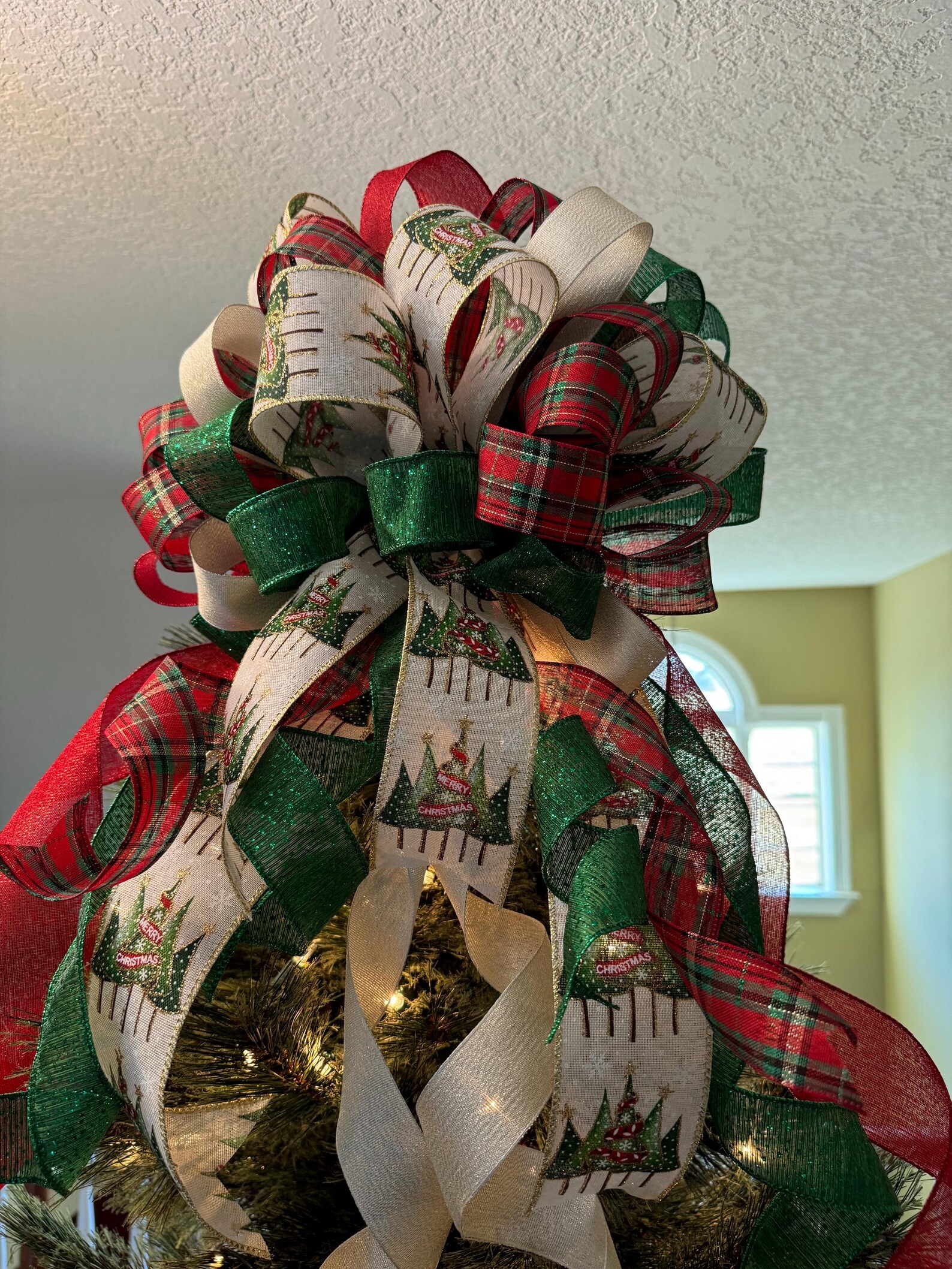 Merry Christmas, Christmas Tree Topper, Red & Green Christmas Bow ...