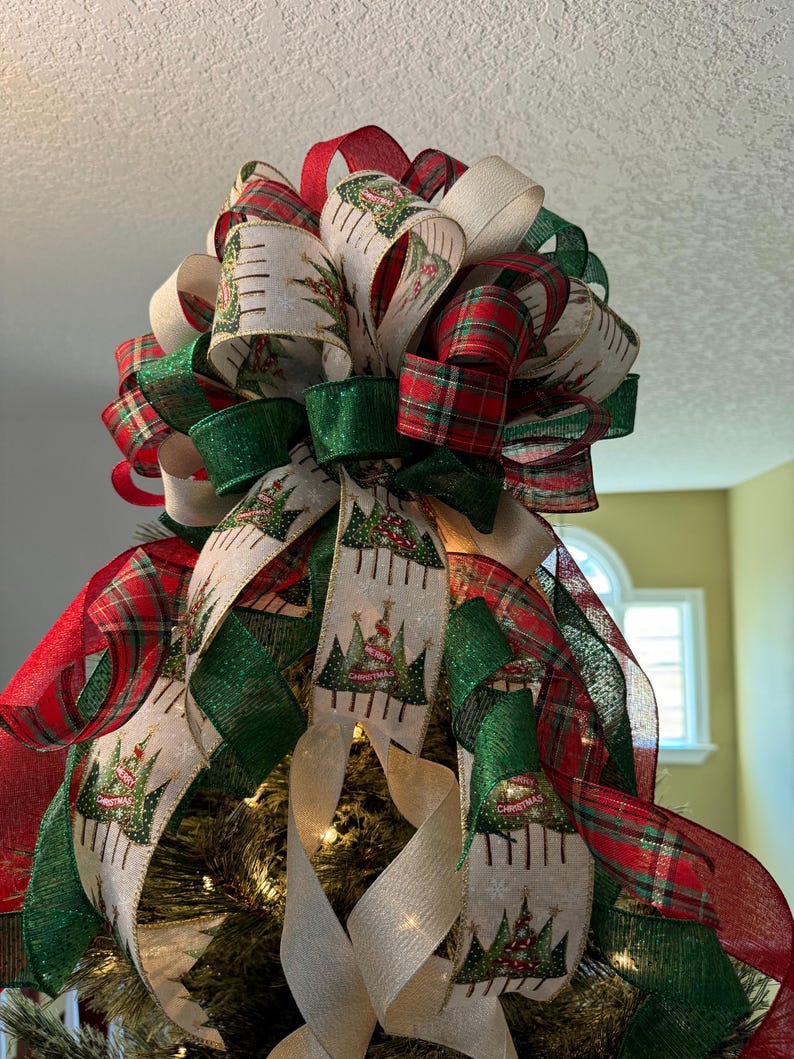 Merry Christmas, Christmas Tree Topper, Red & Green Christmas Bow ...
