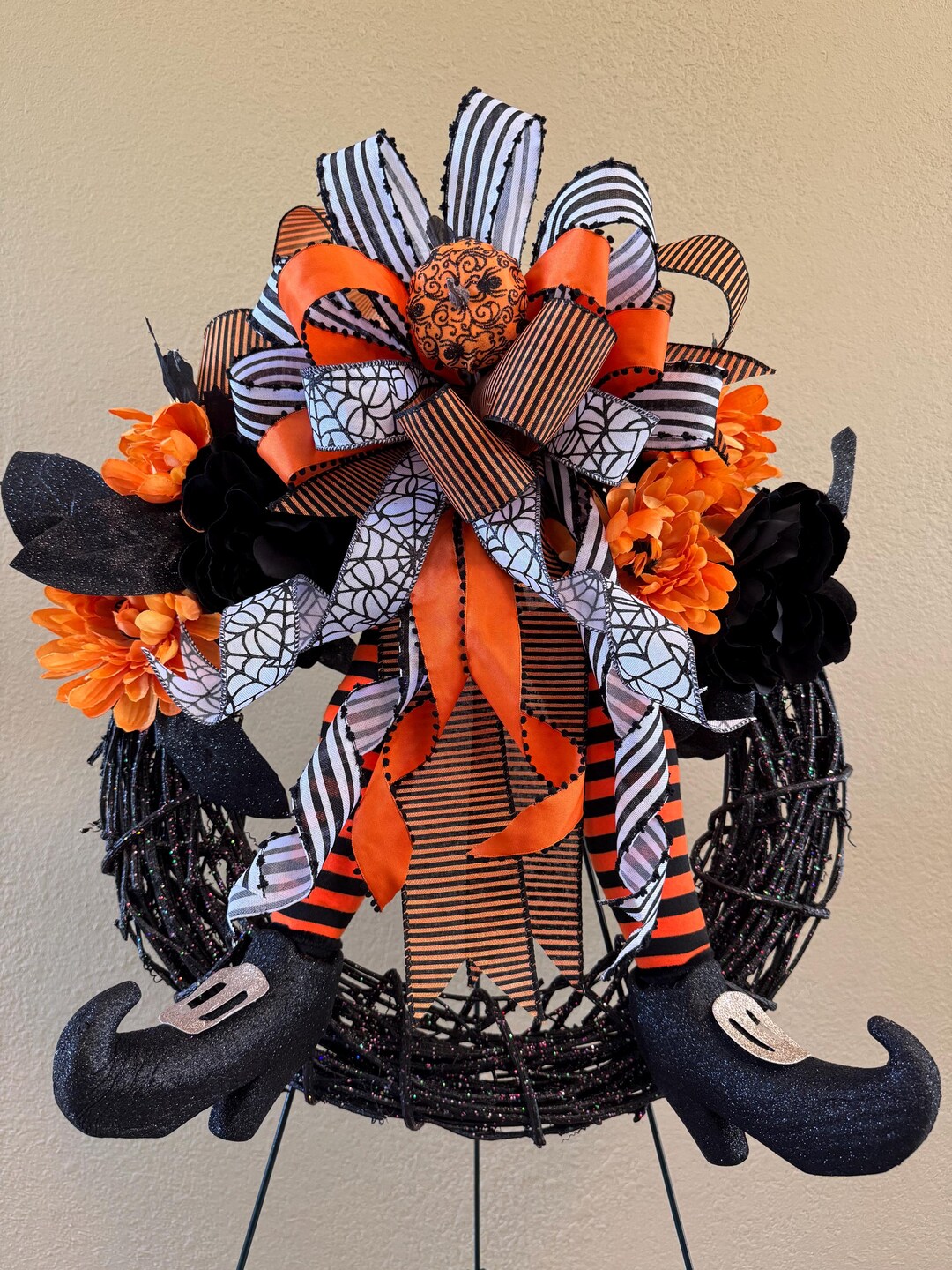 Bewitching Black & Orange Witch Legs Halloween Wreath - Spooky Front ...