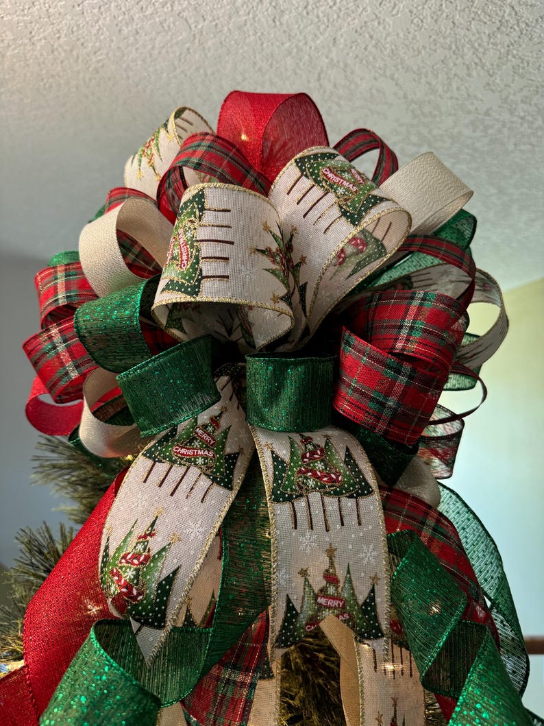 Merry Christmas, Christmas Tree Topper, Red & Green Christmas Bow ...