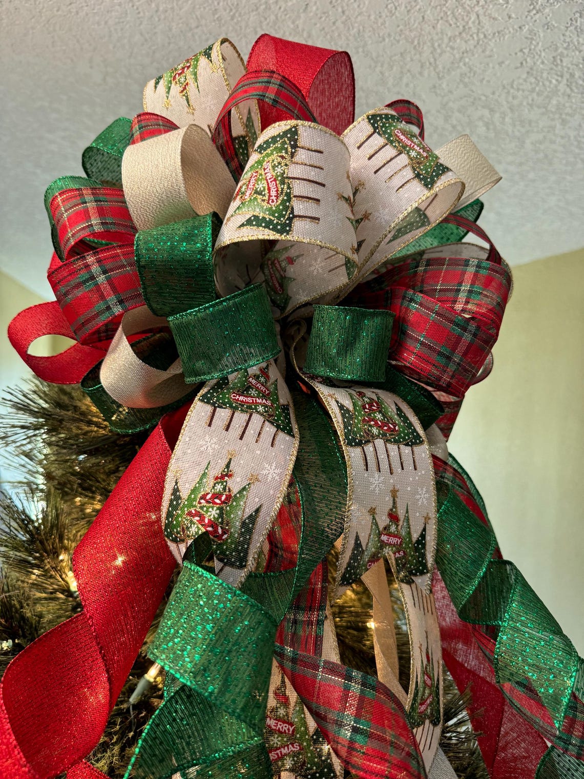 Merry Christmas, Christmas Tree Topper, Red & Green Christmas Bow ...