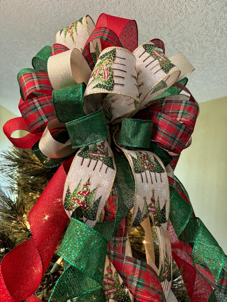 Merry Christmas, Christmas Tree Topper, Red & Green Christmas Bow ...