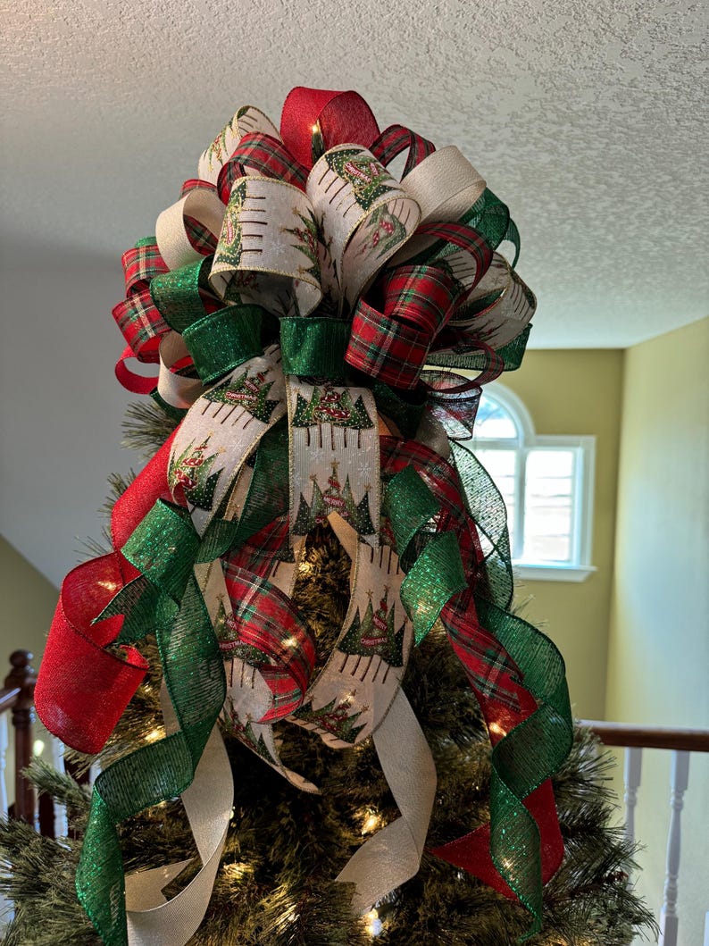 Merry Christmas, Christmas Tree Topper, Red & Green Christmas Bow ...