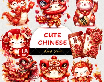 Cute Cat Chinese New Year Dragon Costume, 34 PNG Watercolor, New Year ...