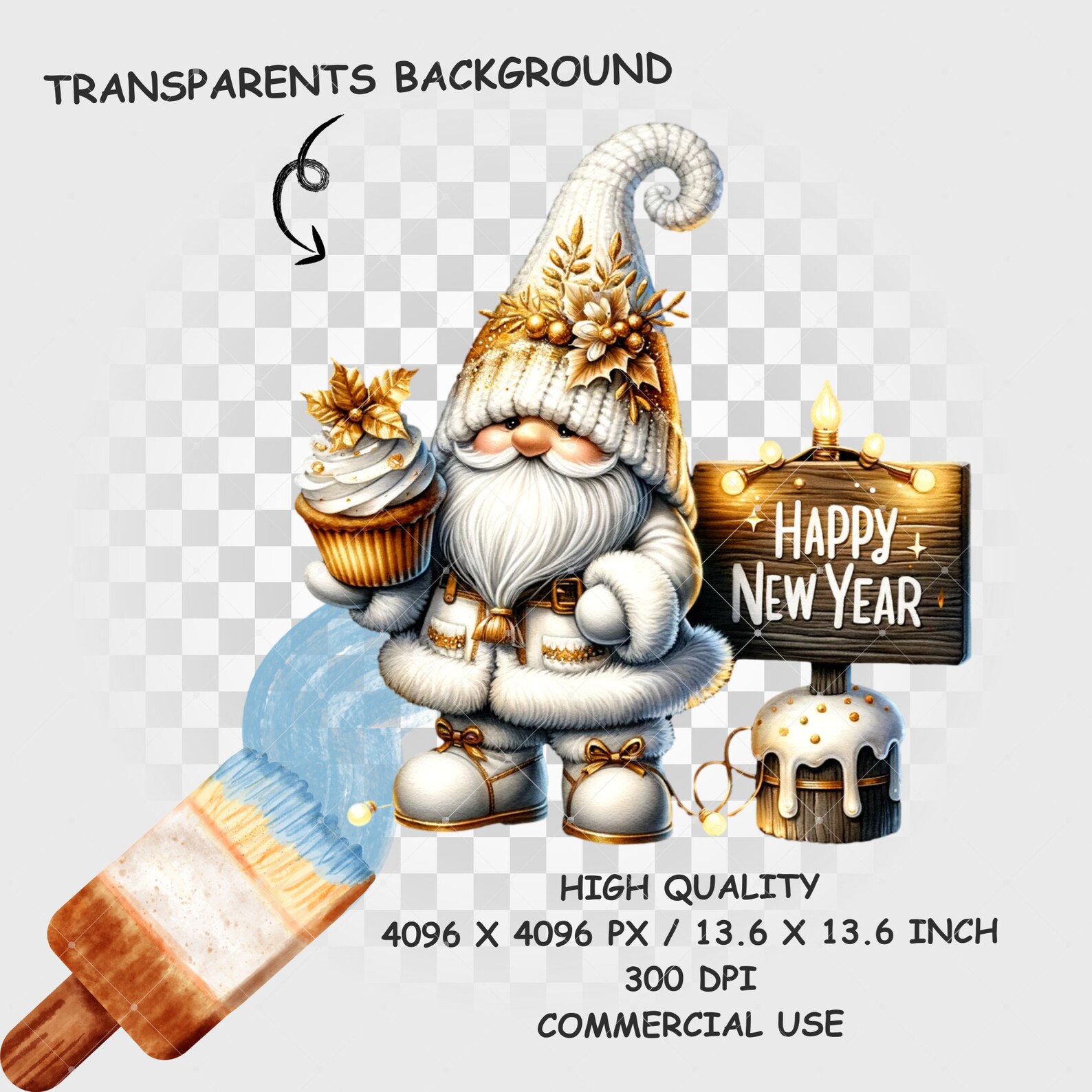 New Year White Gnomes Knitted Costume, 48 PNG Watercolor, New Year ...