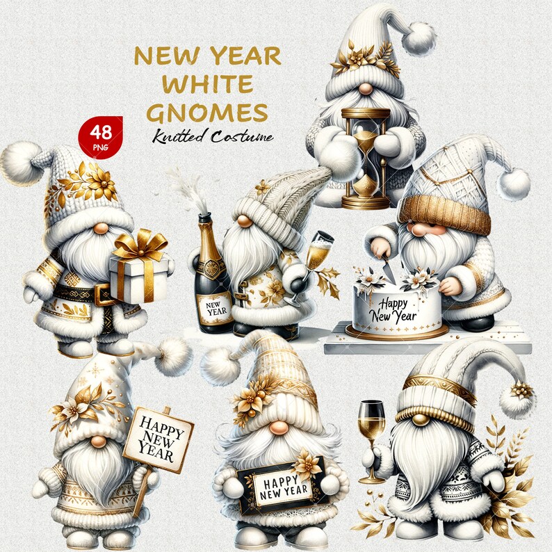 New Year White Gnomes Knitted Costume, 48 PNG Watercolor, New Year ...