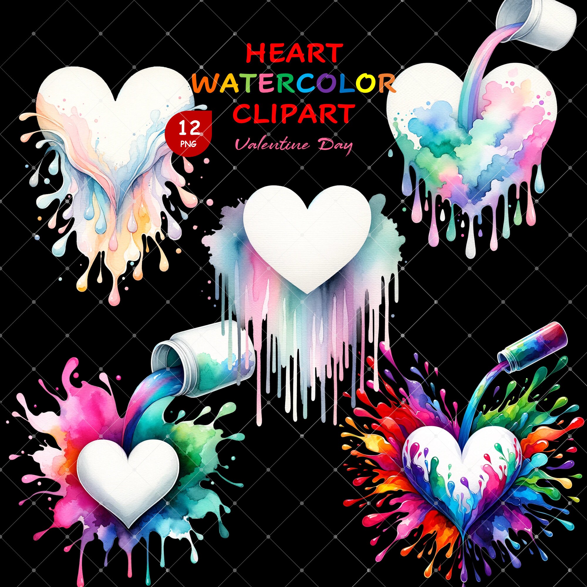 Heart Watercolor Clipart, 12 PNG Valentines Day Clipart, Valentines Day ...