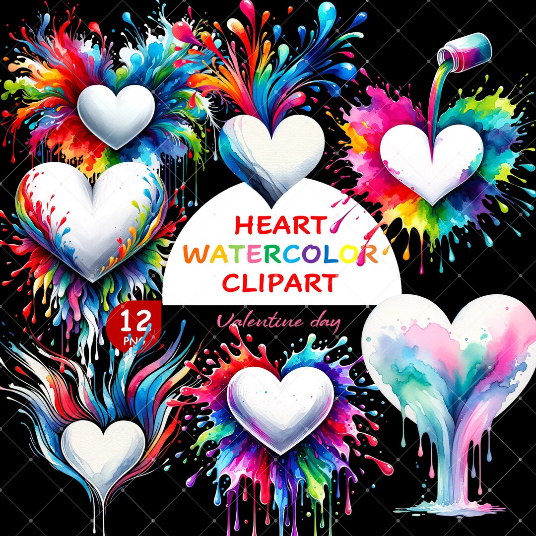 Heart Watercolor Clipart, 12 PNG Valentines Day Clipart, Valentines Day ...