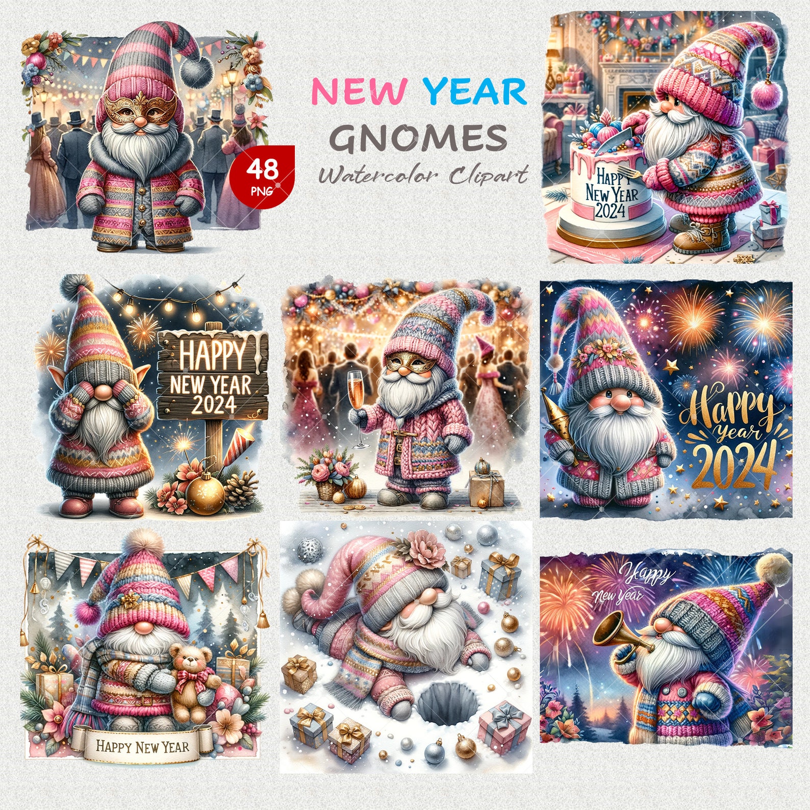 New Year Gnomes Watercolor Clipart, 48 PNG Watercolor, New Year Clipart ...