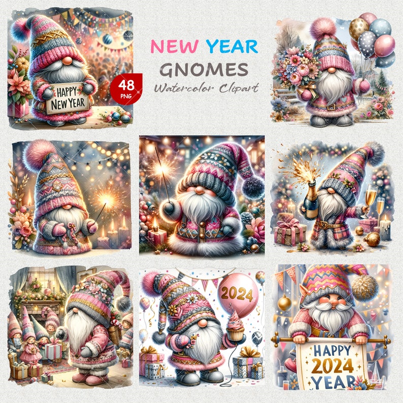 New Year Gnomes Watercolor Clipart, 48 PNG Watercolor, New Year Clipart ...