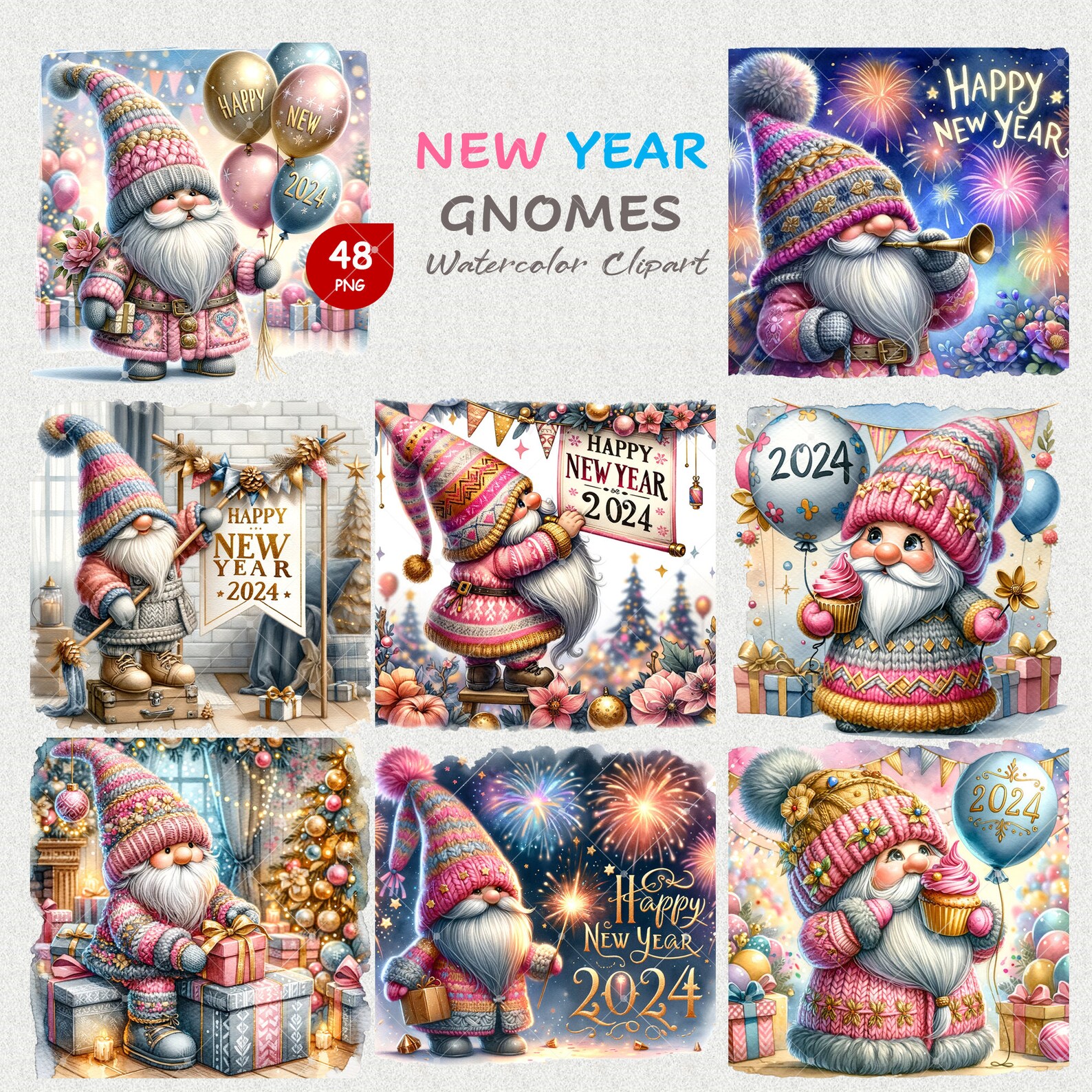 New Year Gnomes Watercolor Clipart, 48 PNG Watercolor, New Year Clipart ...