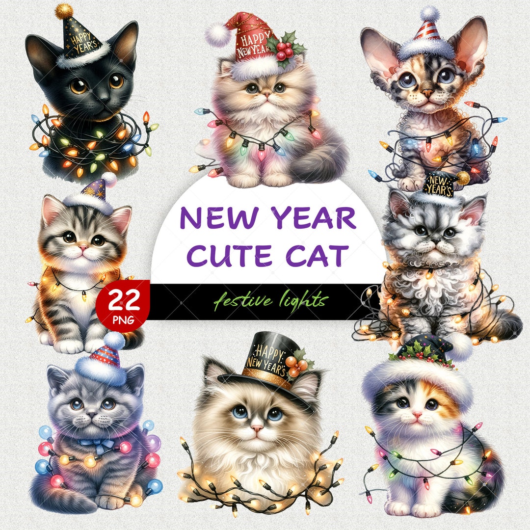 New Year Cute Cat Festive Lights, 22 PNG Watercolor, New Year Clipart ...