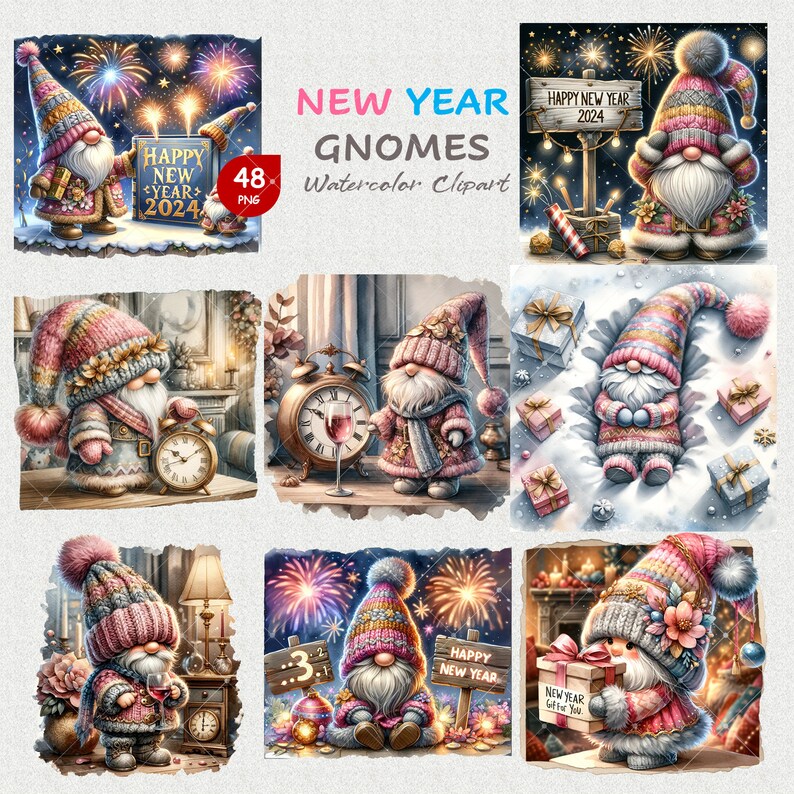 New Year Gnomes Watercolor Clipart, 48 PNG Watercolor, New Year Clipart ...