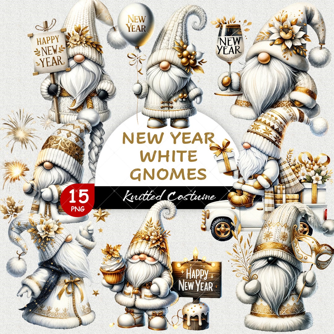 New Year White Gnomes Knitted Costume, 48 PNG Watercolor, New Year ...