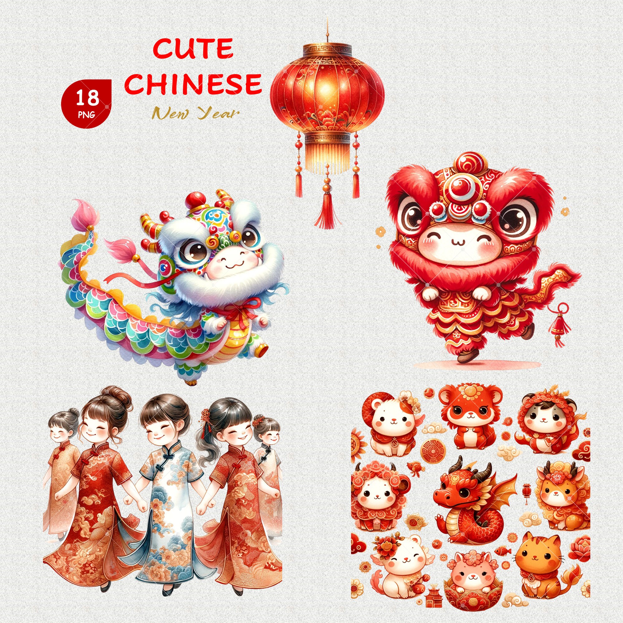 Cute Chinese New Year Clipart, 18 PNG Watercolor, New Year 2024 ...