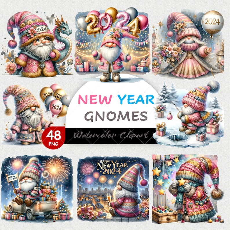 New Year Gnomes Watercolor Clipart, 48 PNG Watercolor, New Year Clipart ...