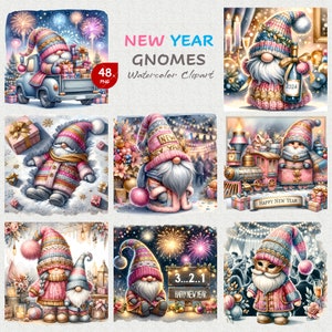 New Year Gnomes Watercolor Clipart, 48 PNG Watercolor, New Year Clipart ...