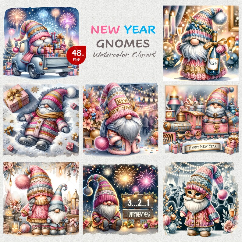New Year Gnomes Watercolor Clipart, 48 PNG Watercolor, New Year Clipart ...