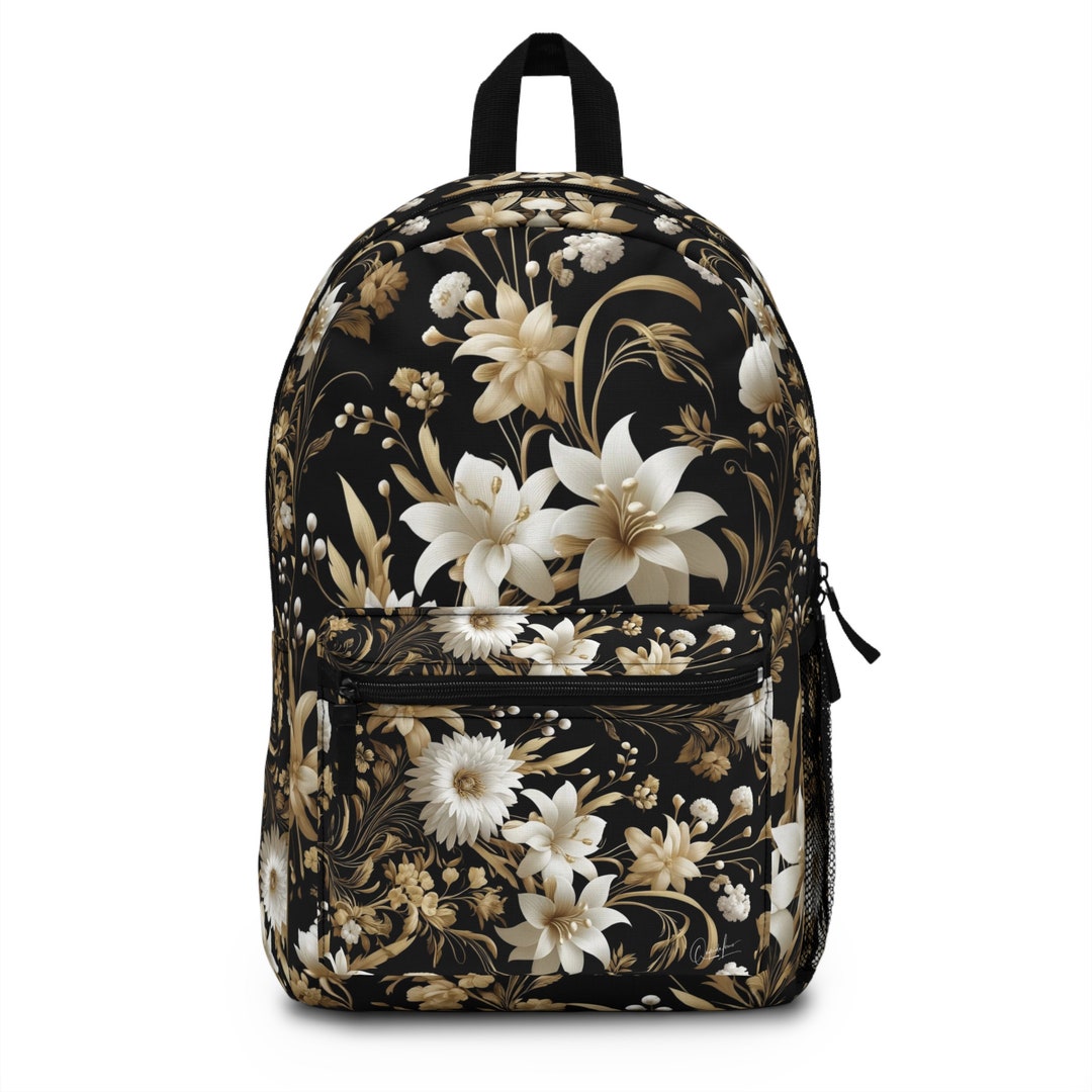 Floral Lily Backpack: White & Gold Design, Elegant Accessory - Etsy