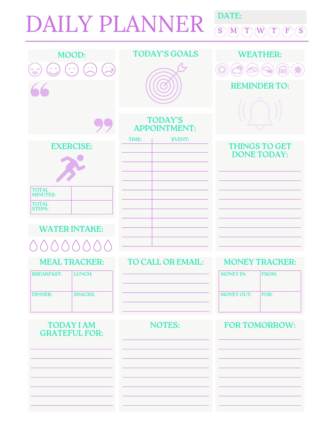 Colorful Printable Daily Planner With Mood, Goals, Reminder, Quote ...
