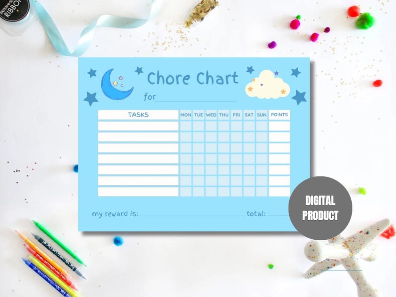 Blue Chore Chart Printable Fun Kids, Teens & Adults Chore and Reward ...