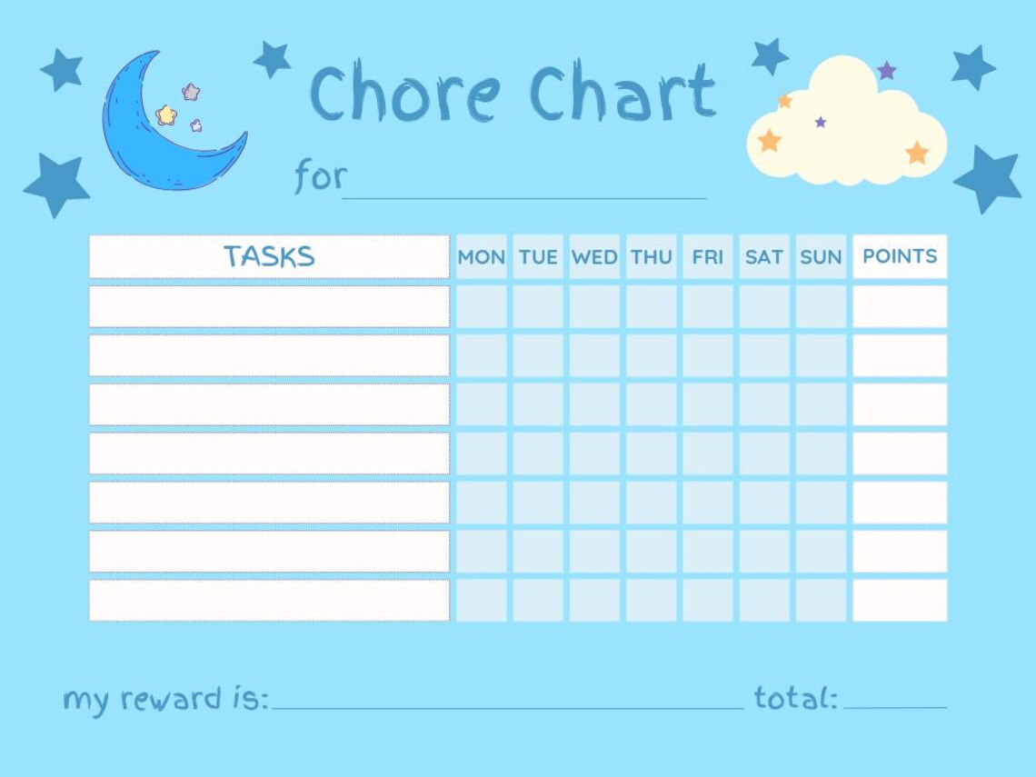 Blue Chore Chart Printable Fun Kids, Teens & Adults Chore and Reward ...