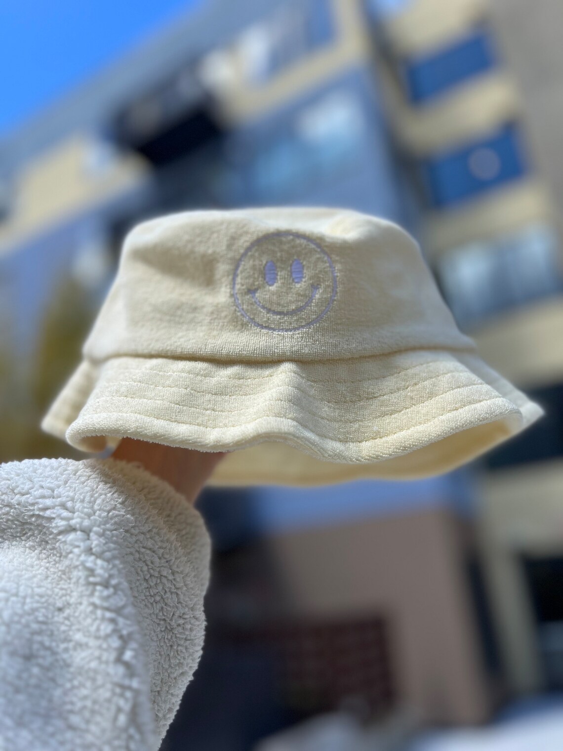Smiley Face Terry Cloth Bucket Hat, Embroidered Bucket Hat, Bucket Hat ...