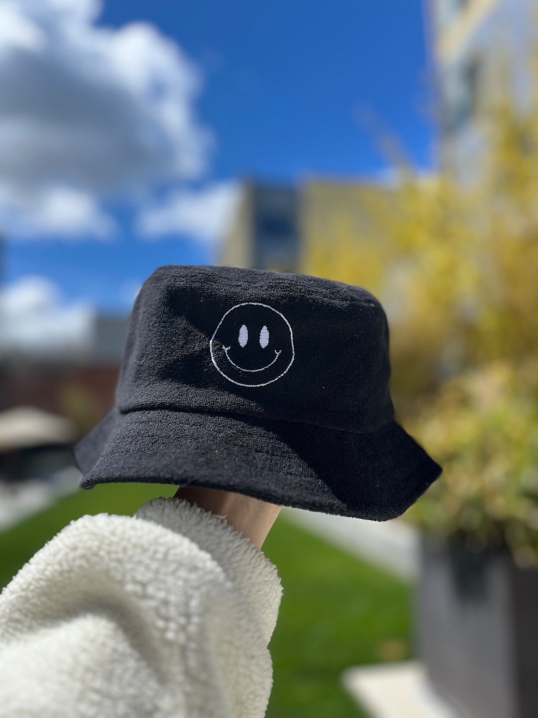 Smiley Face Terry Cloth Bucket Hat, Embroidered Bucket Hat, Bucket Hat ...