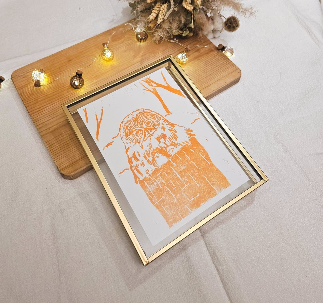 Linograph of an Owl Watching Over Its Young - Etsy