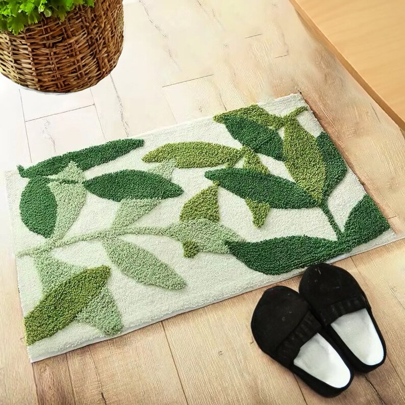 Green Leaves Bath Mat, Large Microfiber Mat, Non Slip Backing Strong ...