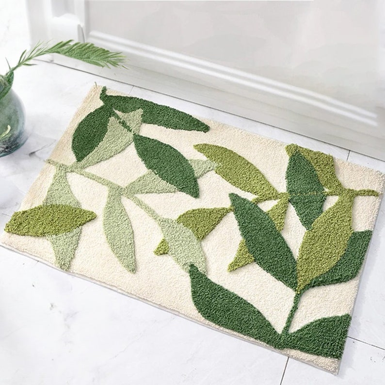 Green Leaves Bath Mat, Large Microfiber Mat, Non Slip Backing Strong ...