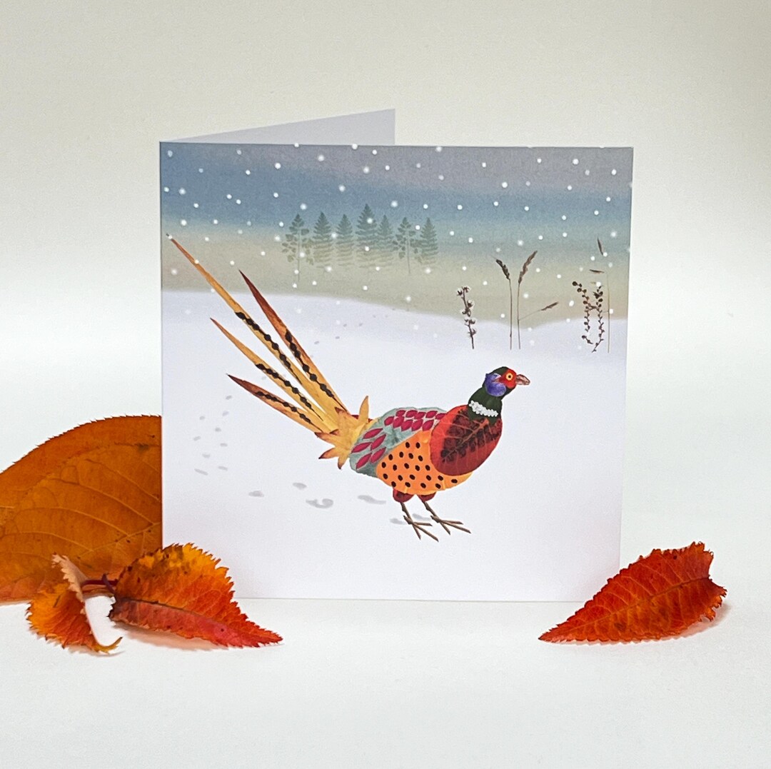 Pheasant in winter, Snow Scene, Collage, Nature Card, Plant Art, Blank ...