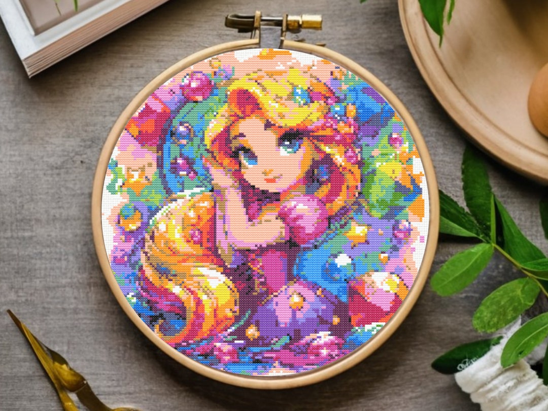 Rapunzel Cross Stitch Pattern, Princess Rapunzel in Gemstones Cross ...