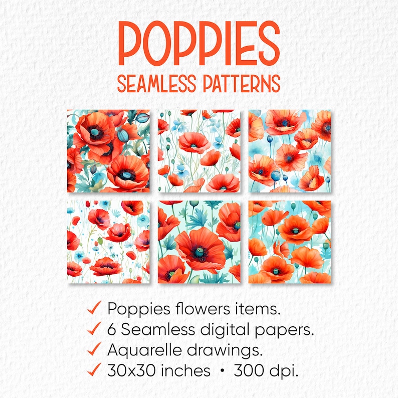 Poppy Digital Paper, Printable Poppy, Seamless Pattern, Poppy Seed ...