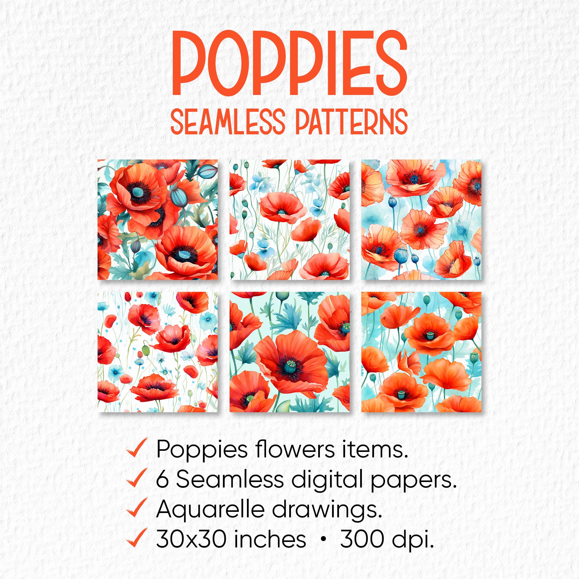 Poppy Digital Paper, Printable Poppy, Seamless Pattern, Poppy Seed ...