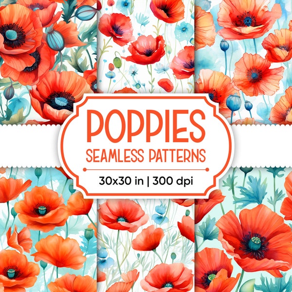 Poppy Digital Paper, Printable Poppy, Seamless Pattern, Poppy Seed, Scrapbooking, Poppies ...